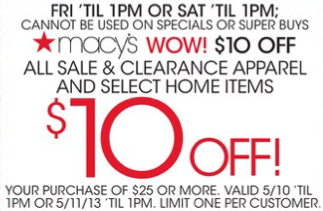 Macy's $10 off $25 Purchase Coupon- Last Day! - Mojosavings.com