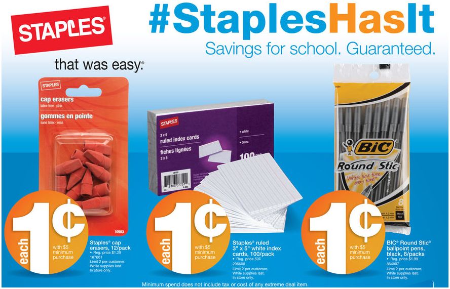 Staples School Supplies-Erasers, Pens, and Index Cards all 1¢ + MORE ...