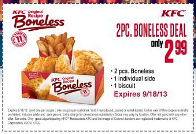 KFC Coupon: 2 Piece Boneless Chicken Meal Just $2.99! - Mojosavings.com