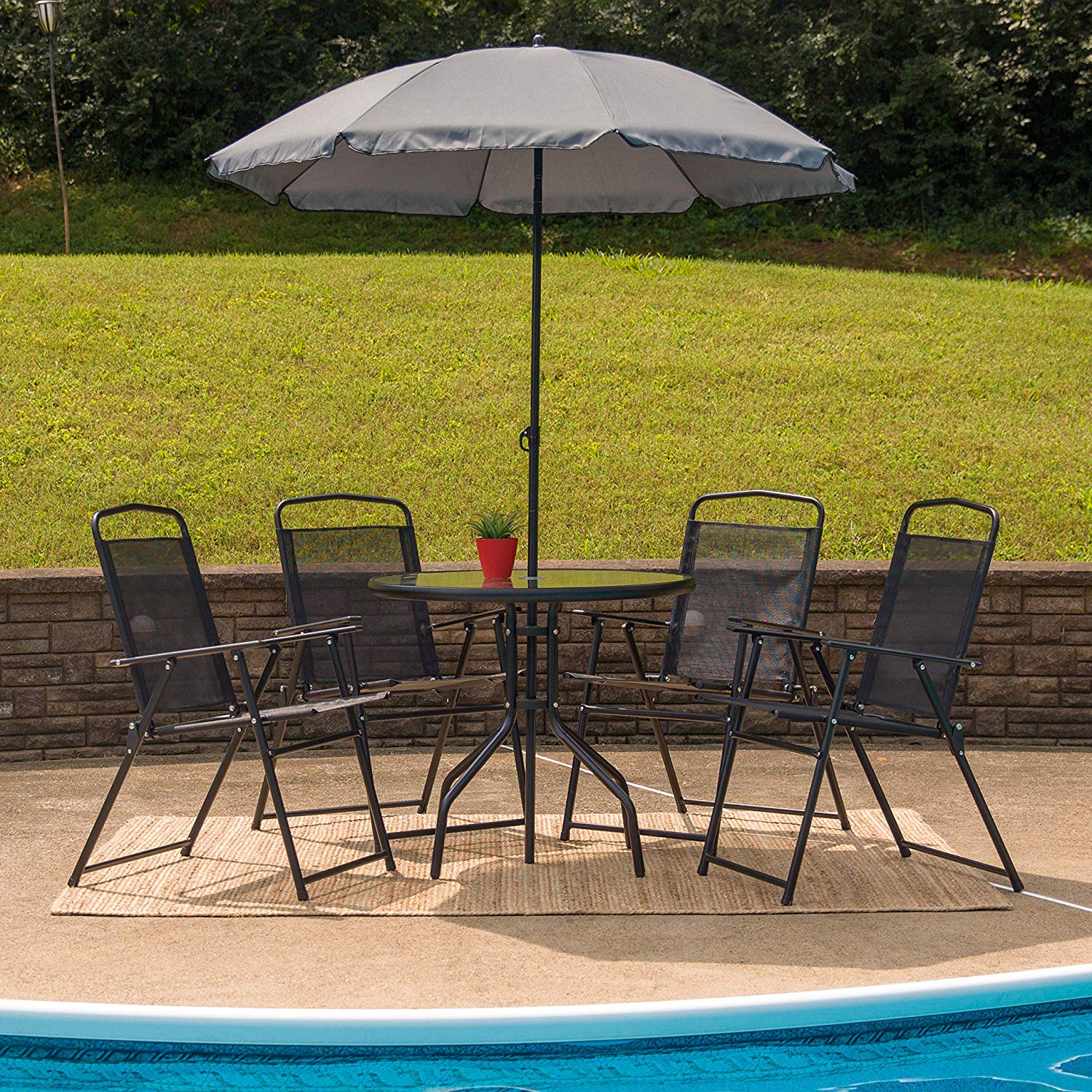 Nantucket 6 Piece Patio Garden Set with Table, Umbrella and 4 Folding ...