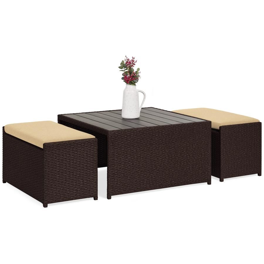 3-Piece Outdoor Wicker Coffee Table Conversation Set w/ Ottoman Benches ...